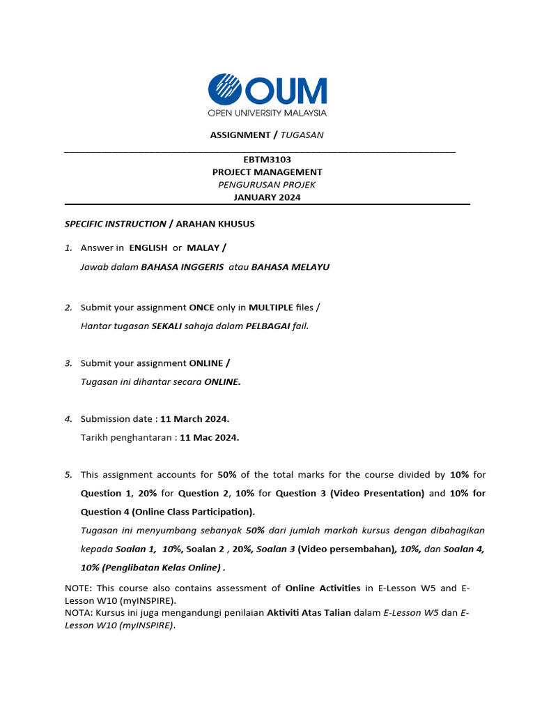 Assignment / Tugasan EBTM3103 Project Management JANUARY 2024 | PDF | Screenshot