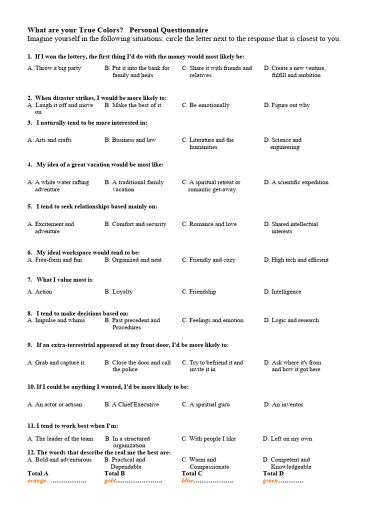 What Are Your True Colors Personal Questionnaire | PDF What Are Your True Colors Personal Questionnaire | PDF