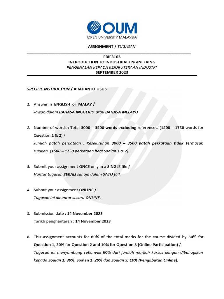 Assignment / Tugasan EBIE3103 Introduction To Industrial Engineering September 2023 | PDF