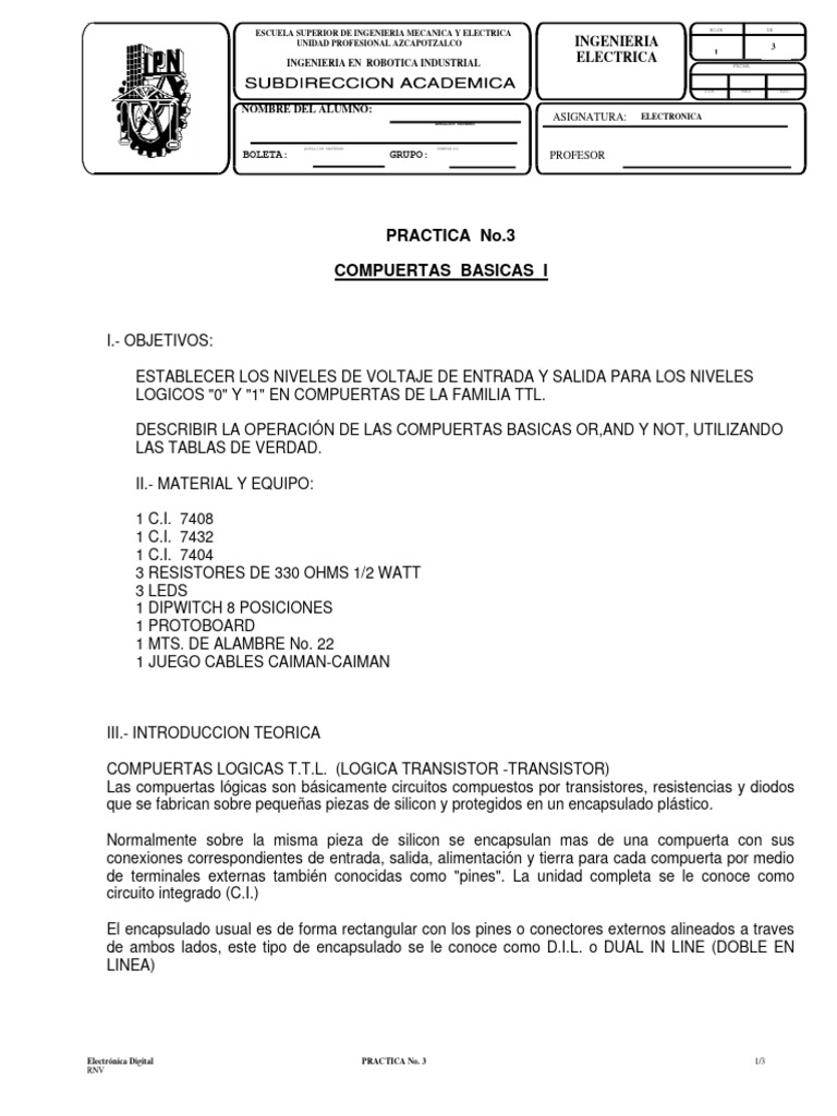 Compuertas Lógicas TTL: Práctica 3 | PDF | Circuito integrado | Electrónica