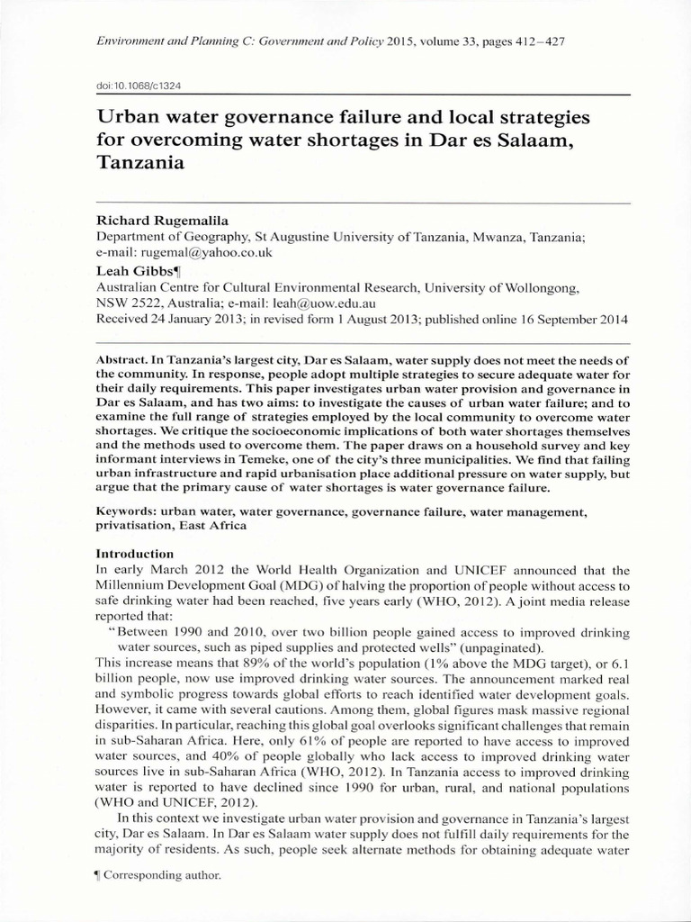 Urban Water Governance Failure and Local Strategies For Overcoming ...