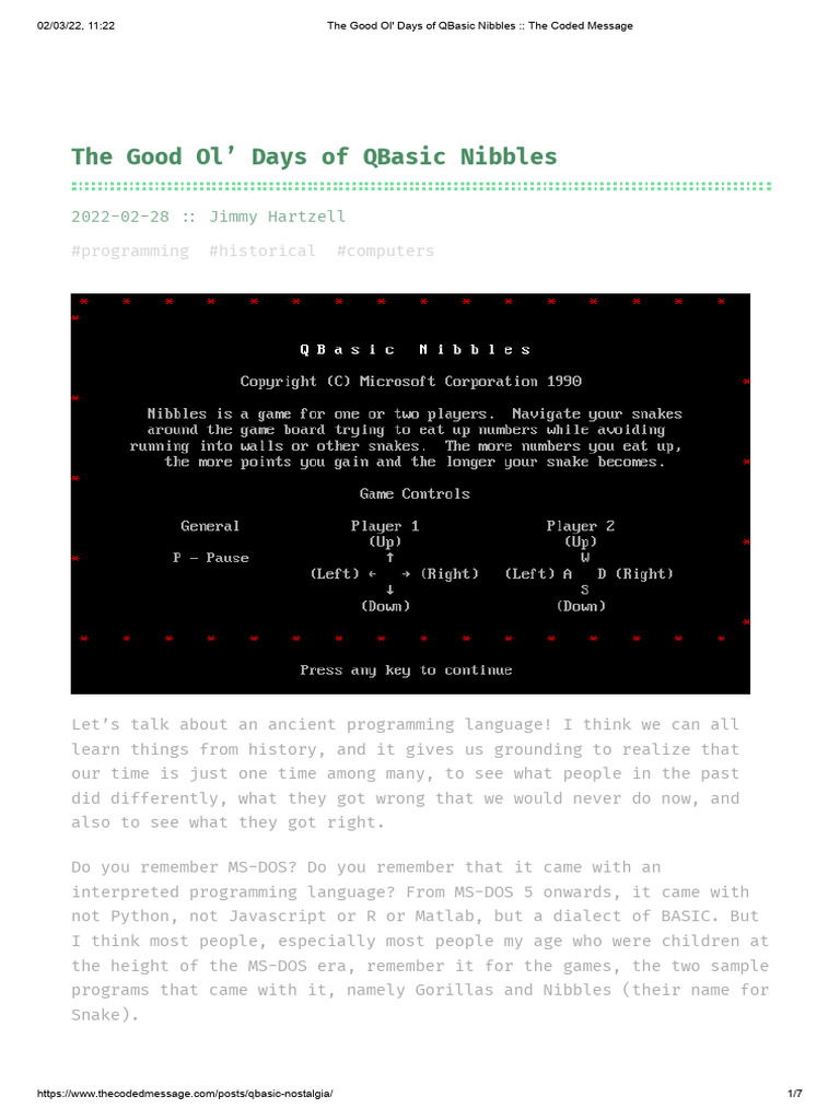 Nostalgia for QBasic Nibbles Game | PDF | Basic | Software Engineering