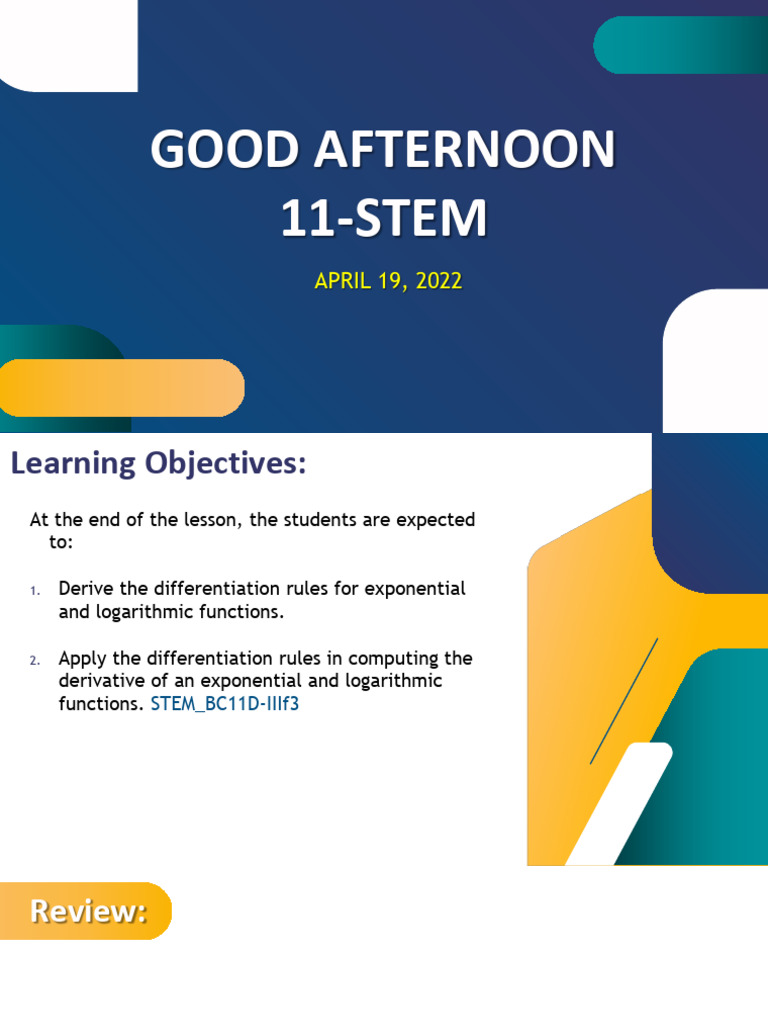 Week 6 Advance Differentiation Rules Exponential and Logarithmic Functions | PDF | Logarithm ...