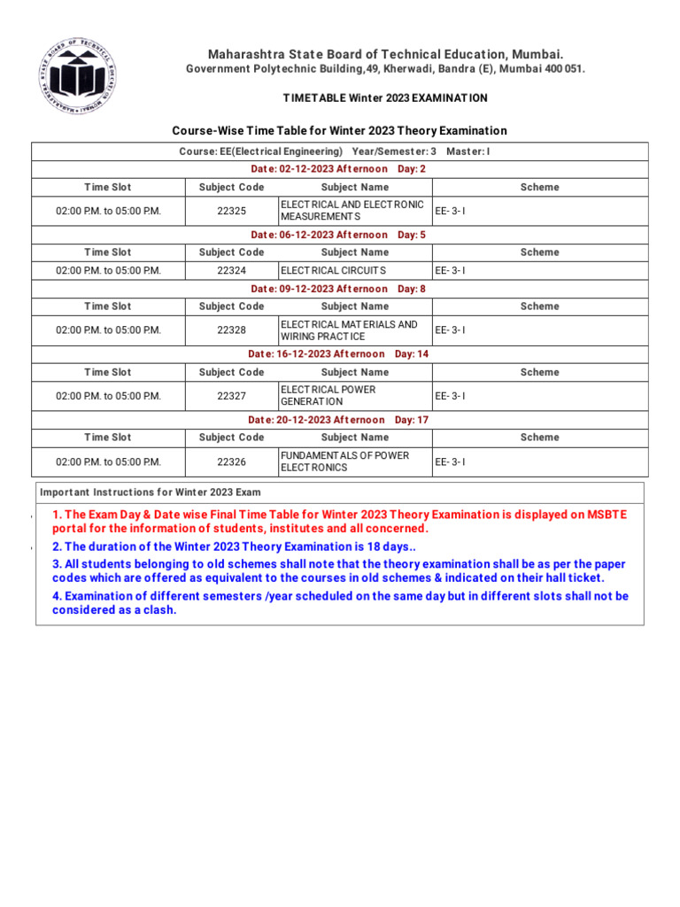 Time Table for Winter 2023 Theory Examination | PDF