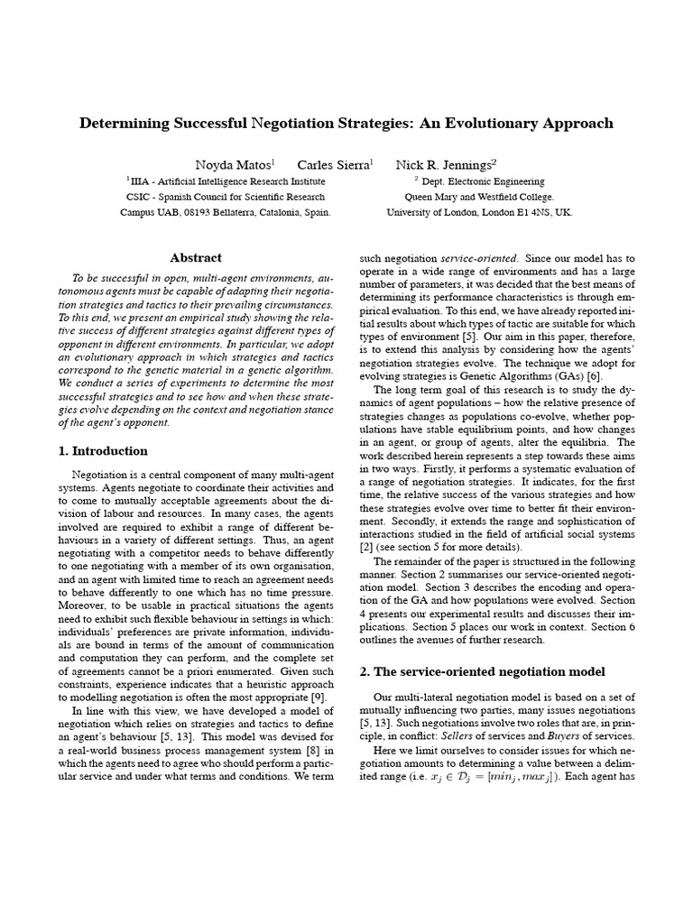 Determining Successful Negotiation Strategies: An Evolutionary Approach | PDF | Negotiation ...