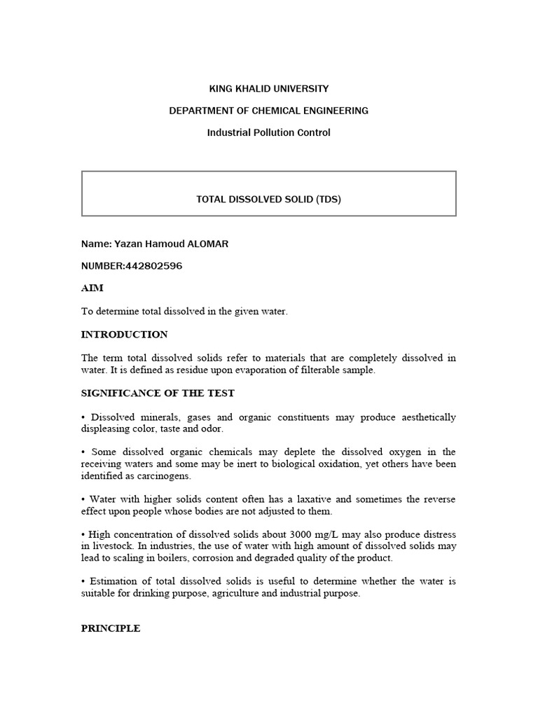 Total Dissolved Solids Testing Method | PDF