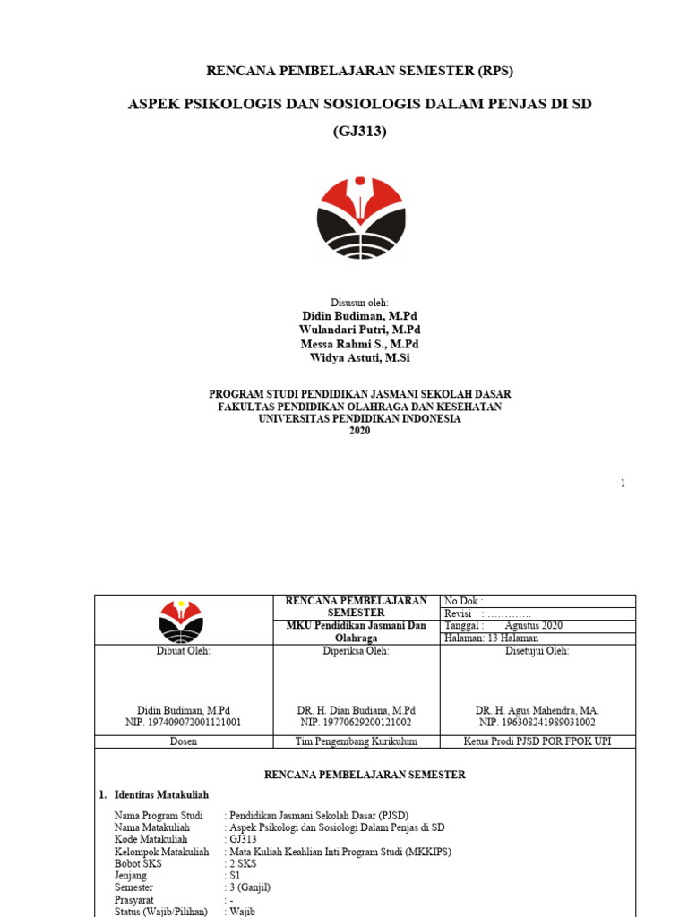 Materi1 - RPS Aspek Psiko & Sos DLM Penjas SD | PDF