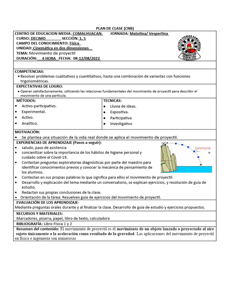 PLAN de CLASE Fisica Tema Proyectil | PDF | Crecimiento personal y profesional | Ciencia y ...