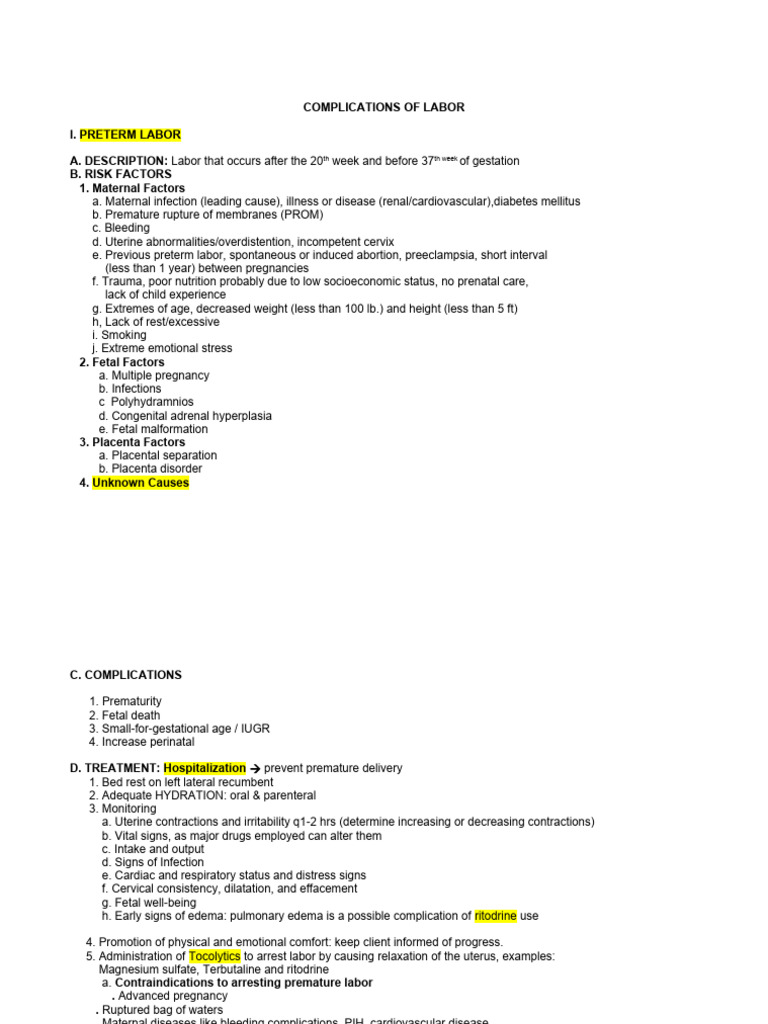 Complication of Labor Hand Out | PDF | Childbirth | Preterm Birth