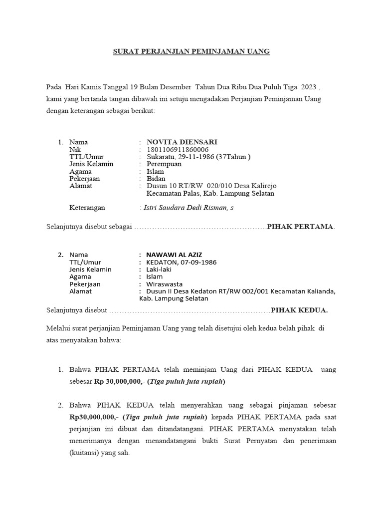 Surat Perjanjian Pinjam Uang Al-Aziz | PDF