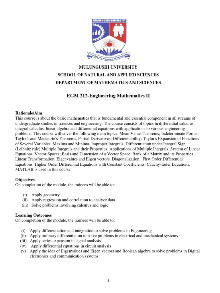 EGM 212-Engineering Mathematics II | PDF | Equations | Eigenvalues And Eigenvectors