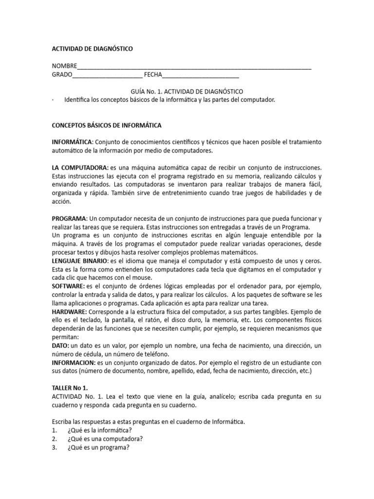 Actividad De Diagnóstico Informatica De 6 A 11 Pdf Programa De