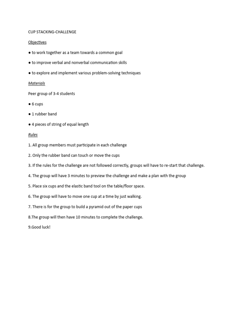 Cup Stacking Team Challenge Guide | PDF | Self-Improvement | Wellness