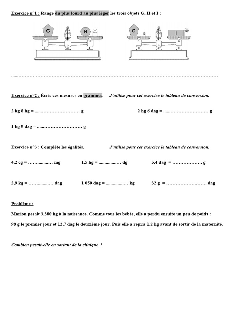 Exercices Les Masses CM1 3 | PDF | Masse | Balance (instrument)