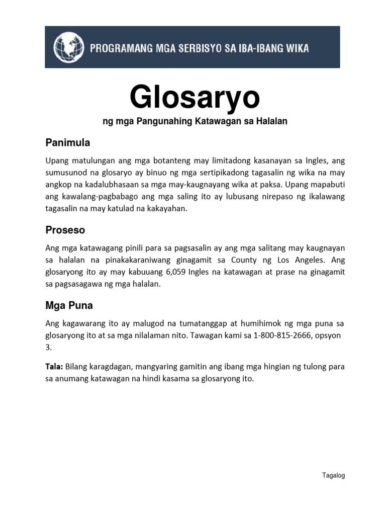 Tagalog Filipino Translation Glossary | PDF