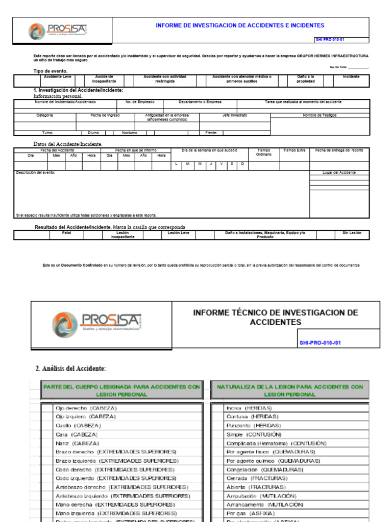 SHI-PRO-010-01 Formato Invest. de Accidente | PDF