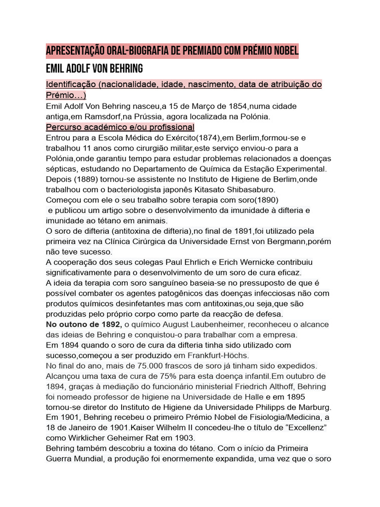 Prémio Nobel-Emil Adolf Von Behring | PDF | Especialidades médicas ...