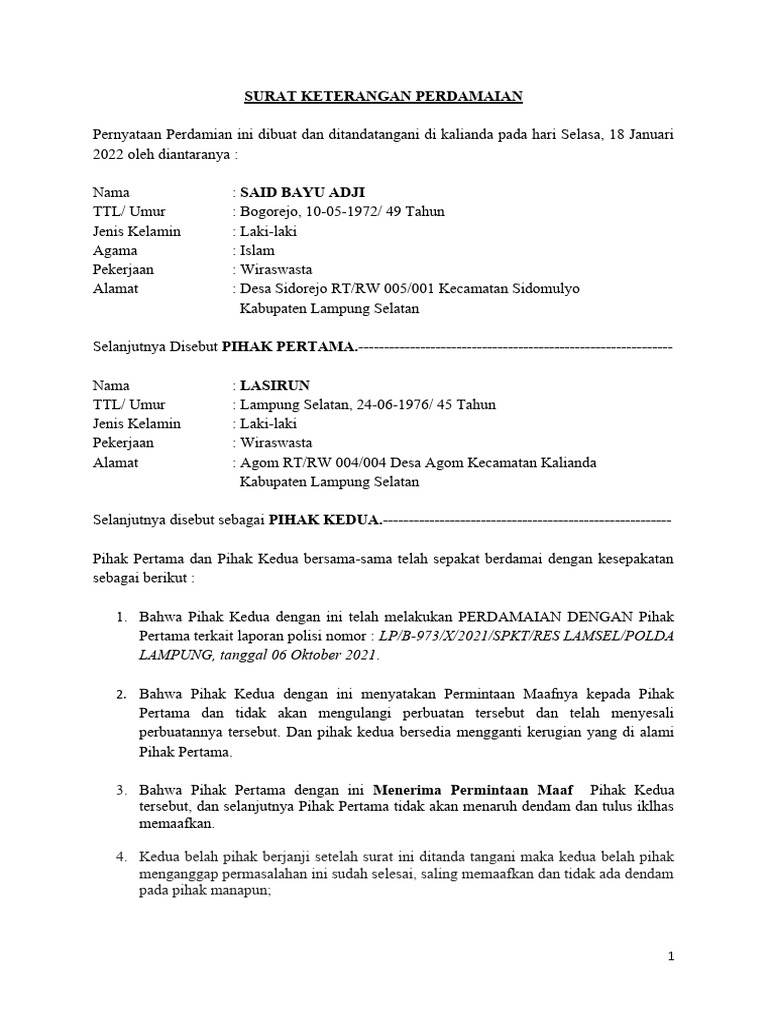 Surat Keterangan Perdamaian Lasirun | PDF
