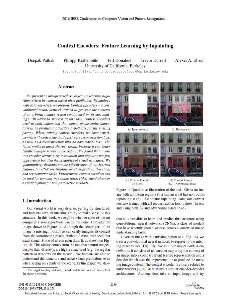 Context Encoders Feature Learning by Inpainting | PDF | Data Compression | Computer Vision