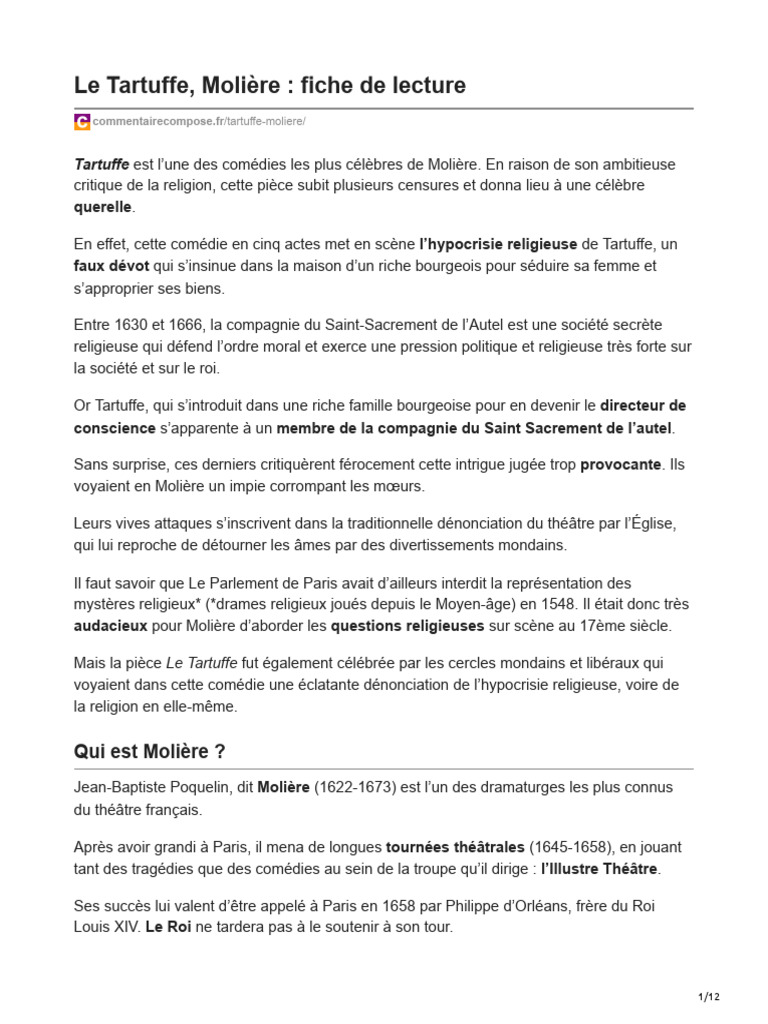 Le Tartuffe Molière Fiche de Lecture | PDF | Poésie | Jeunes adultes
