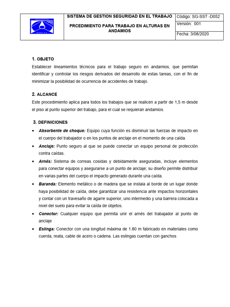 SG-SST-D052 Procedimiento para Trabajo en Alturas Con Andamios | PDF ...