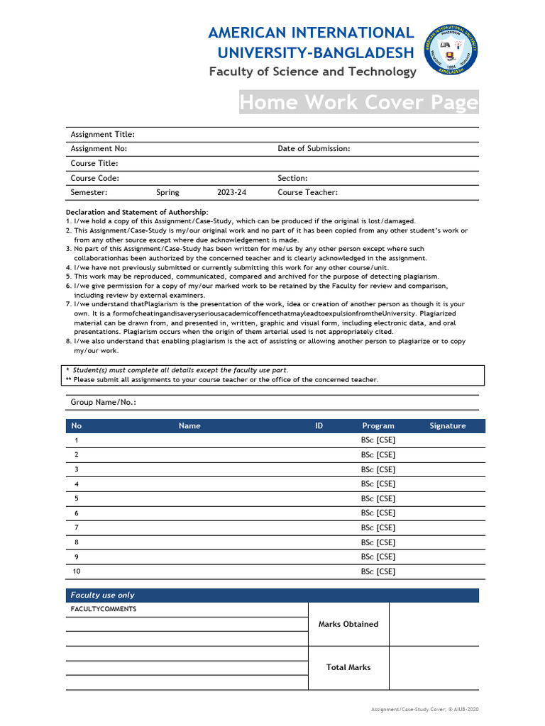 AIUB_HW_Cover_Sheet | PDF
