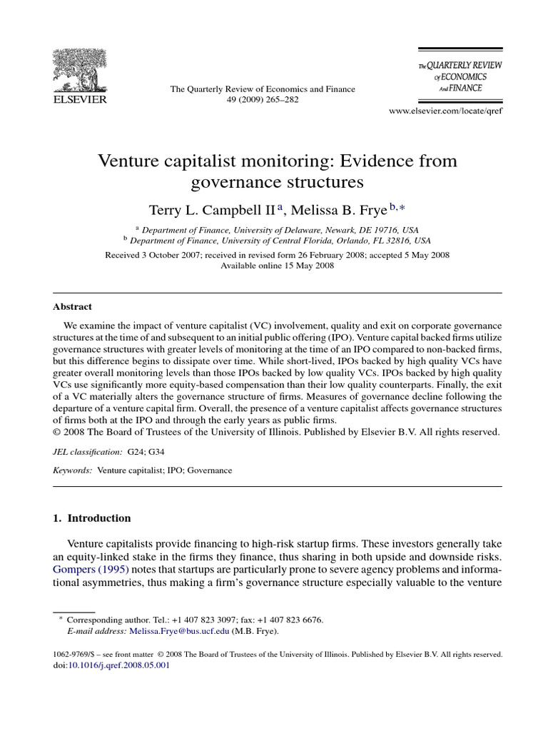 Venture Capitalist Monitoring Evidence From Governance Structures | PDF ...