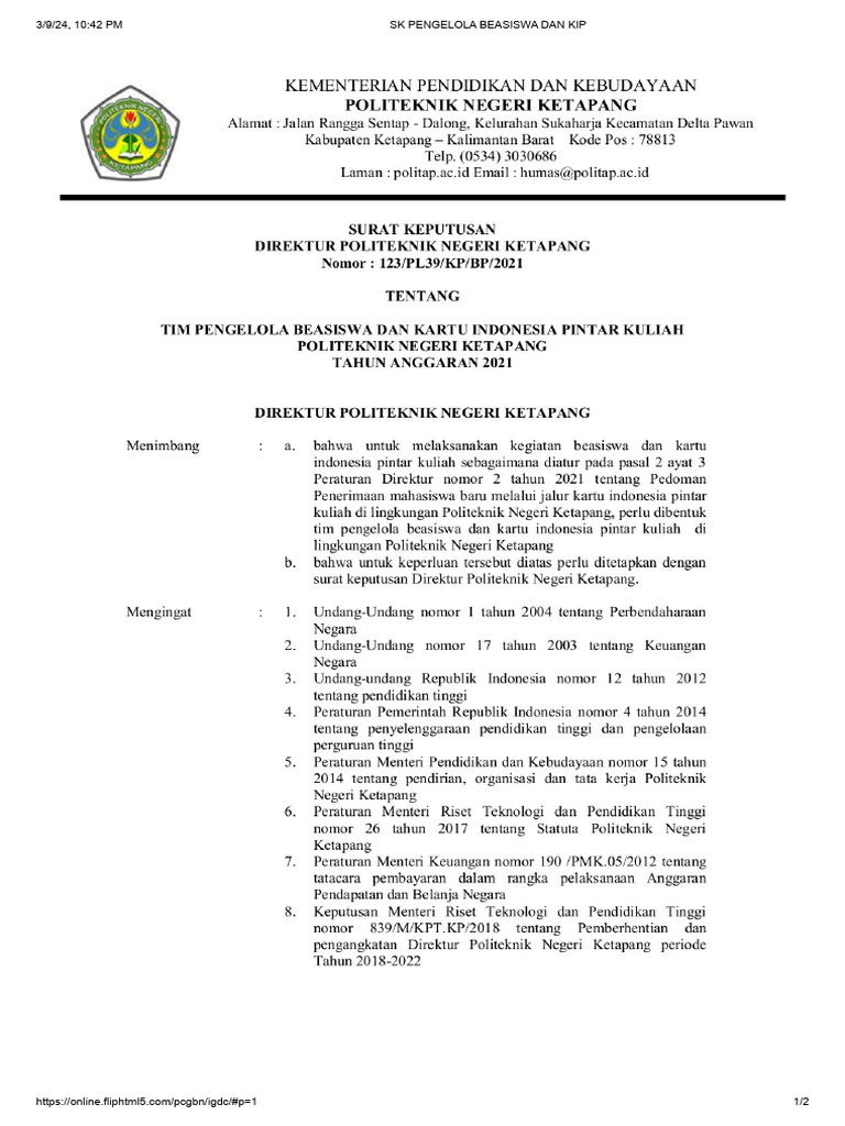 SK PENGELOLA BEASISWA DAN KIP | PDF