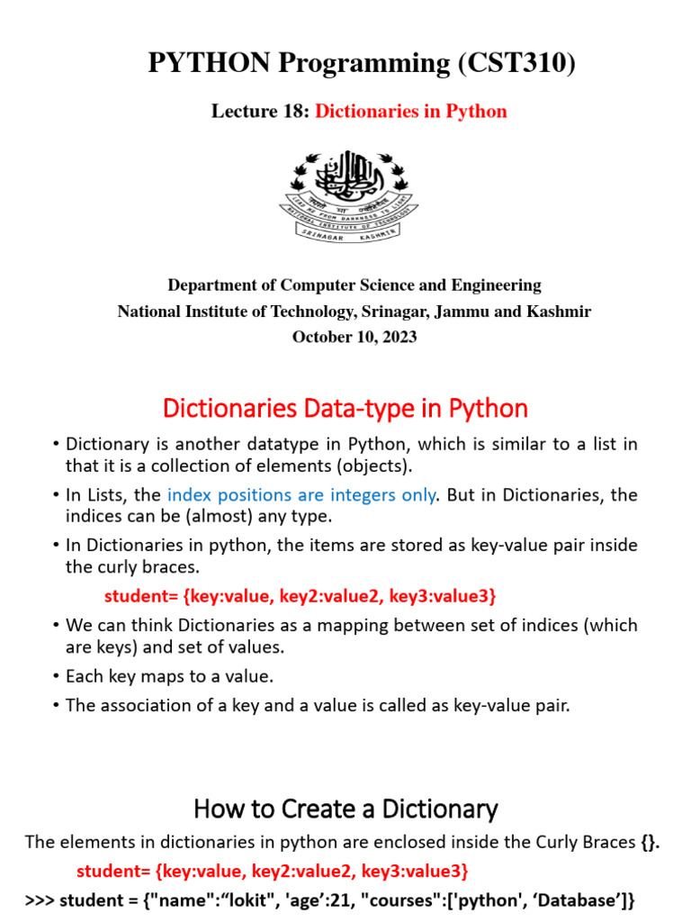 Lecture 18 Dictionaries in Python | Download Free PDF | Computing | Software Engineering