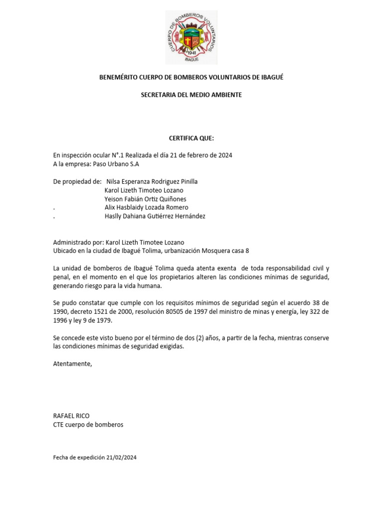 Certificado De Bomberos Pdf