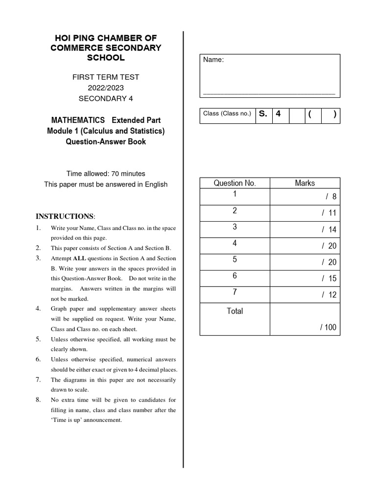 Hoi Ping F4 2022 M1 First Term Test | PDF | Slope | Tangent