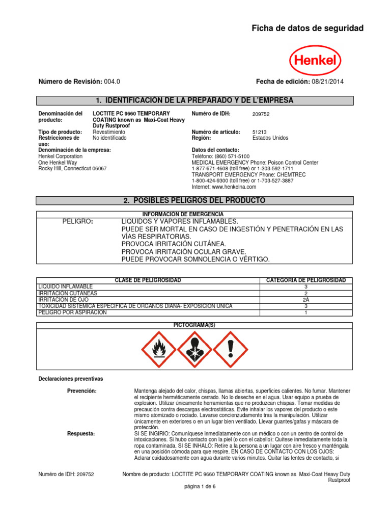 MSDS-NEU-021 Loctite PC 9660 TEMPORARY | PDF | Agua | Solvente