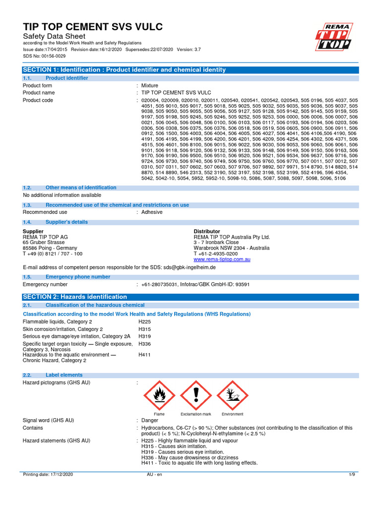 Tip Top Cement SVS Vulc Safety Data Sheet | PDF | Dangerous Goods ...