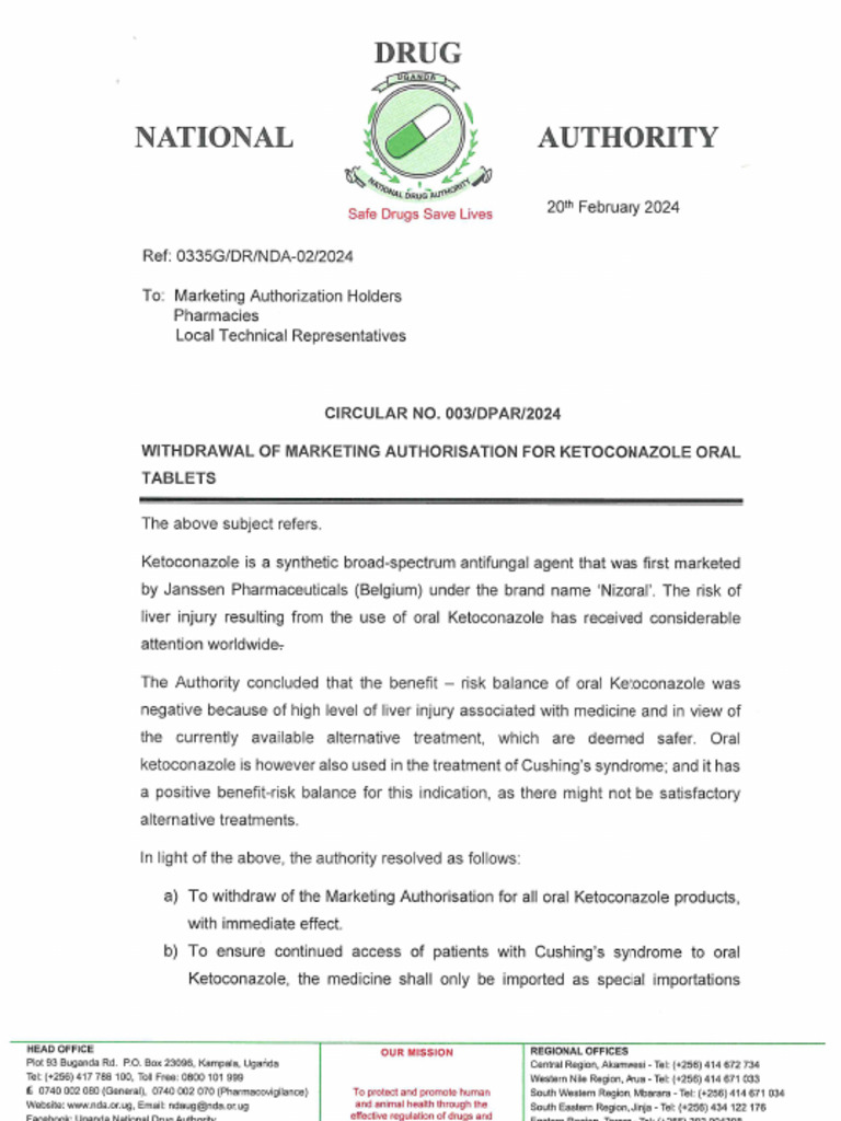 Circular 003 Dpar 2024 Withdraw of Marketing Authorisation For Ketoconazle Oral Tabs | PDF