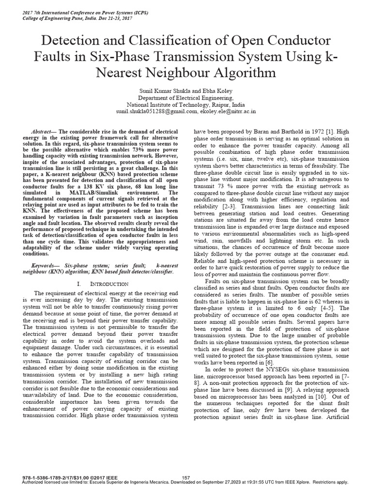 Detection and Classification of Open Conductor Faults in Six-Phase Transmission System Using K ...