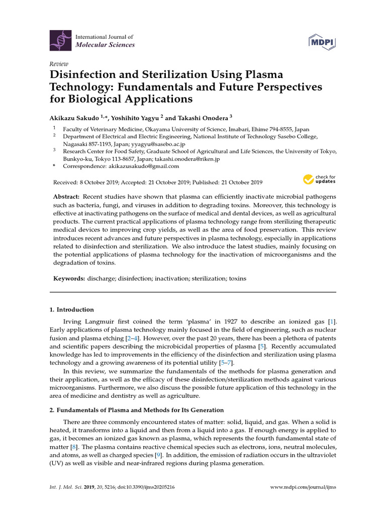 Disinfection and Sterilization Using Plasma Technology | PDF