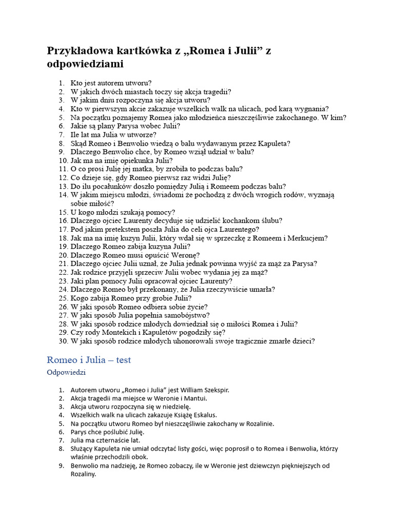 Pytania I Odpowiedzi Z Romeo I Julia | PDF