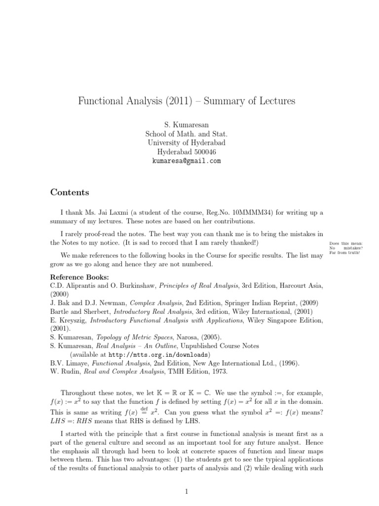 Functional Analysis 2011 Summary of Lectures | PDF | Basis (Linear ... Functional Analysis 2011 Summary of Lectures | PDF | Basis (Linear ...