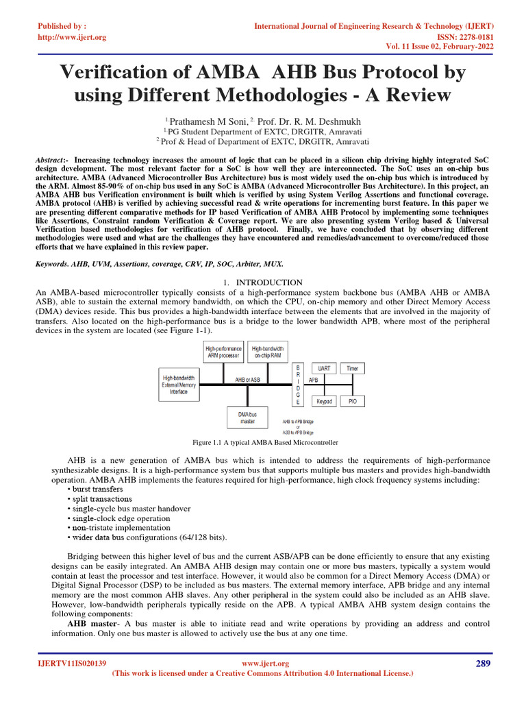 Verification Of Amba Ahb Bus Protocol By Using Different Methodologies A Review Ijertv11is020139 