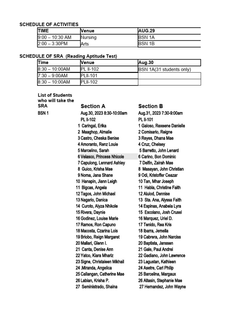 Schedule of Activities BSN 1 | PDF