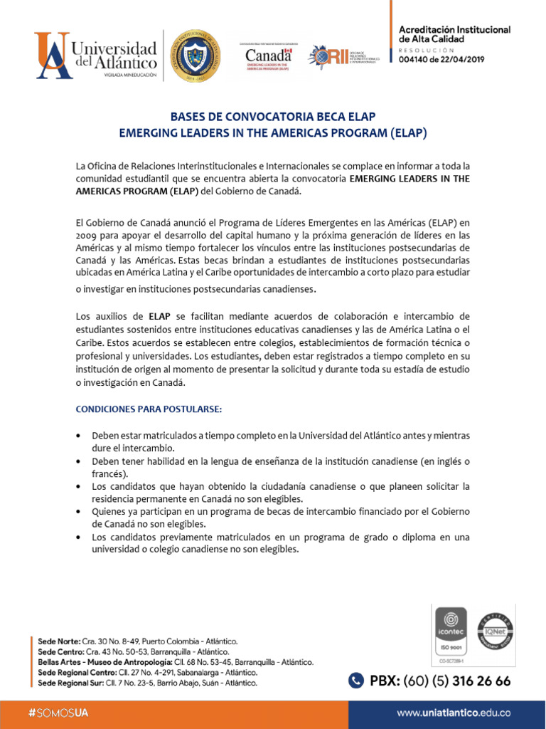 Convocatoria Beca ELAP 2024 | Descargar gratis PDF | Canadá