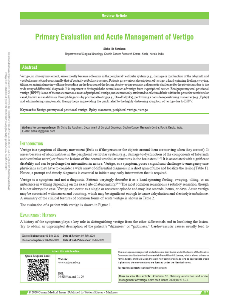 Primary Evaluation and Acute Management of Vertigo.17 | PDF | Vertigo ...