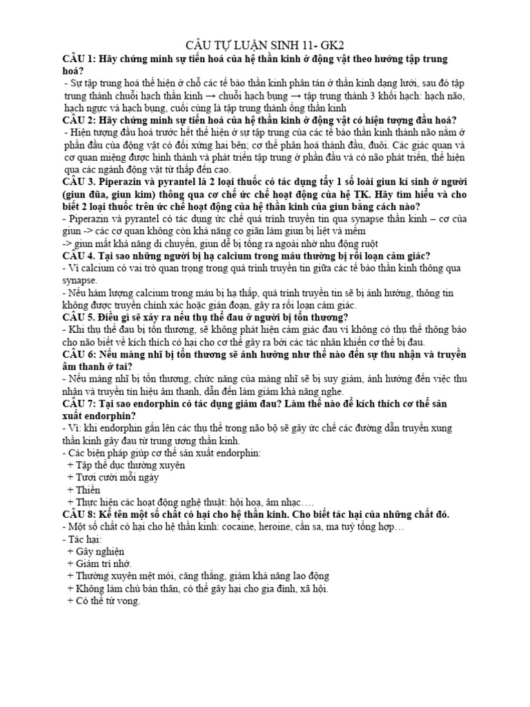 CÂU TỰ LUẬN SINH 11-GK2 | PDF