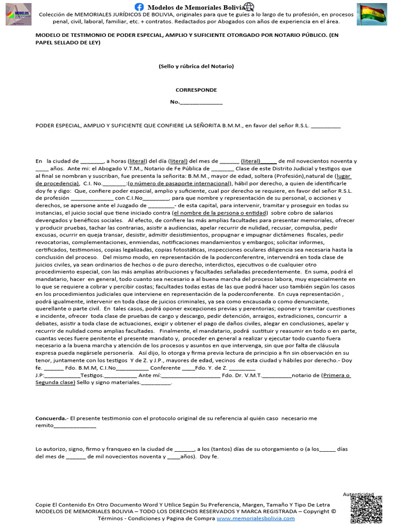 118 - Modelo de Testimonio de Poder Especial J Amplio y Sufic | PDF ...
