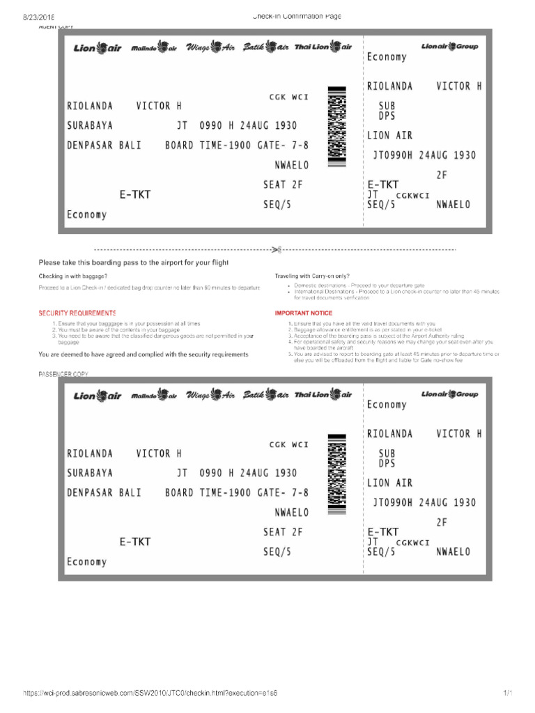 Contoh Boarding Pass Ticket Lion Air | PDF