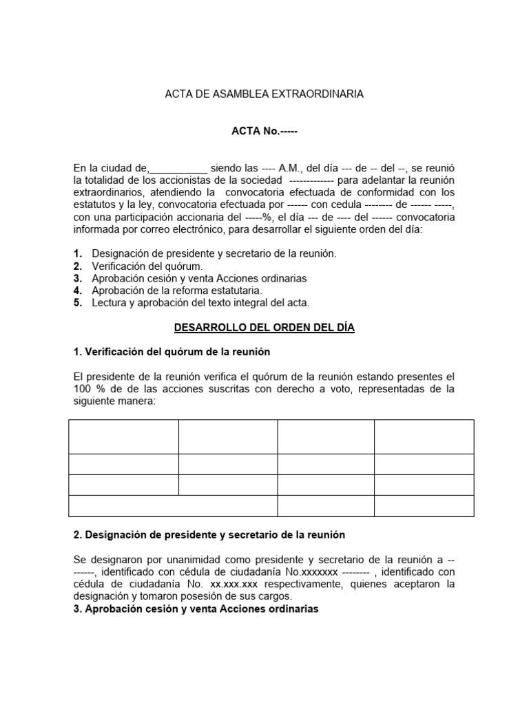 Modelo Acta Venta Acciones S.A.S. | PDF | Gobierno