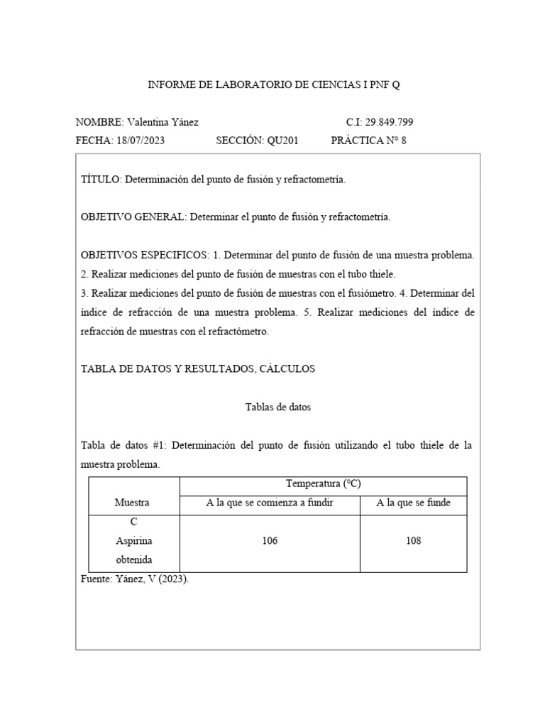 Informe de Laboratorio de Ciencias I PNF Q | PDF | Punto de fusion ...
