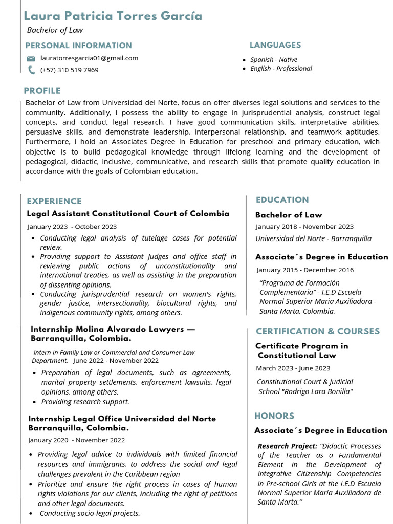 CV - Laura Torres Garcia. | PDF | Colombia | Justice