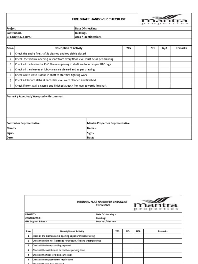 Fire Fighting System Handover Checklist | PDF | Building Technology ...