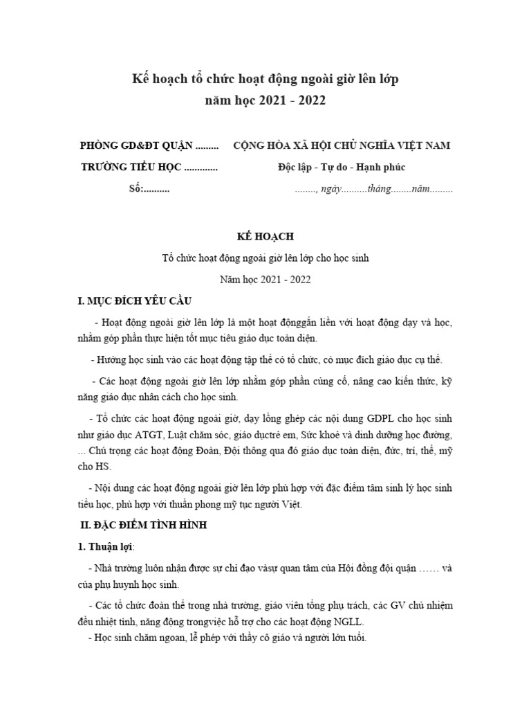 Ke Hoach to Chuc Hoat Dong Ngoai Gio Len Lop Tieu Hoc | PDF